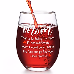 DAZLUTE Mothers Day Gifts, Thanks For Being My Mom Stemless Wine Glass for Mom Mother Stepmom Mother in Law, Best Mom Ever Gifts from Daughter Son, Mothers Gifts Ideas for Birthday Christmas, 17Oz