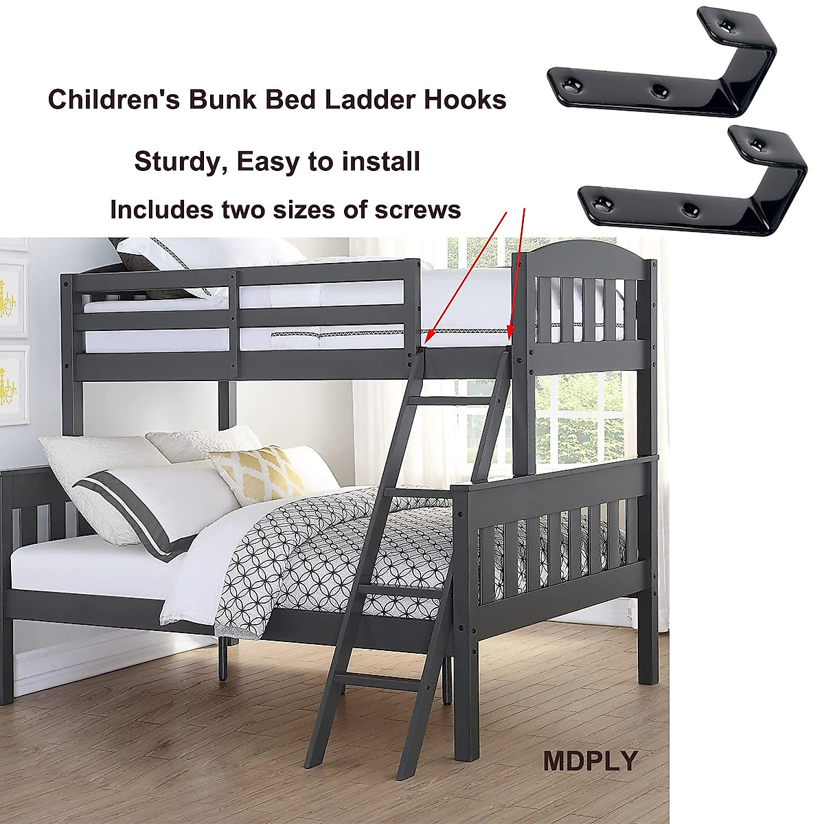 MDPLY 2 Pack Bunk Bed Ladder Hook, Inside 1" Kids Bunk Bed Replacement Hardware, Black PVC Metal Loft Bed Ladder Hooks, Camper/Rv Bunk Ladder Brackets with 2 Size Screws (2 Pack, Black)