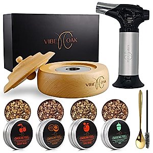 VibeOak Cocktail Smoker Kit with Torch 4 Flavors Wood Chips Bourbon - Cocktail Smoker Drink Whiskey Gift for a Friend - Easy to Use Drink Smoker Old Fashioned Cocktail Kit (Without Butane) (Black)