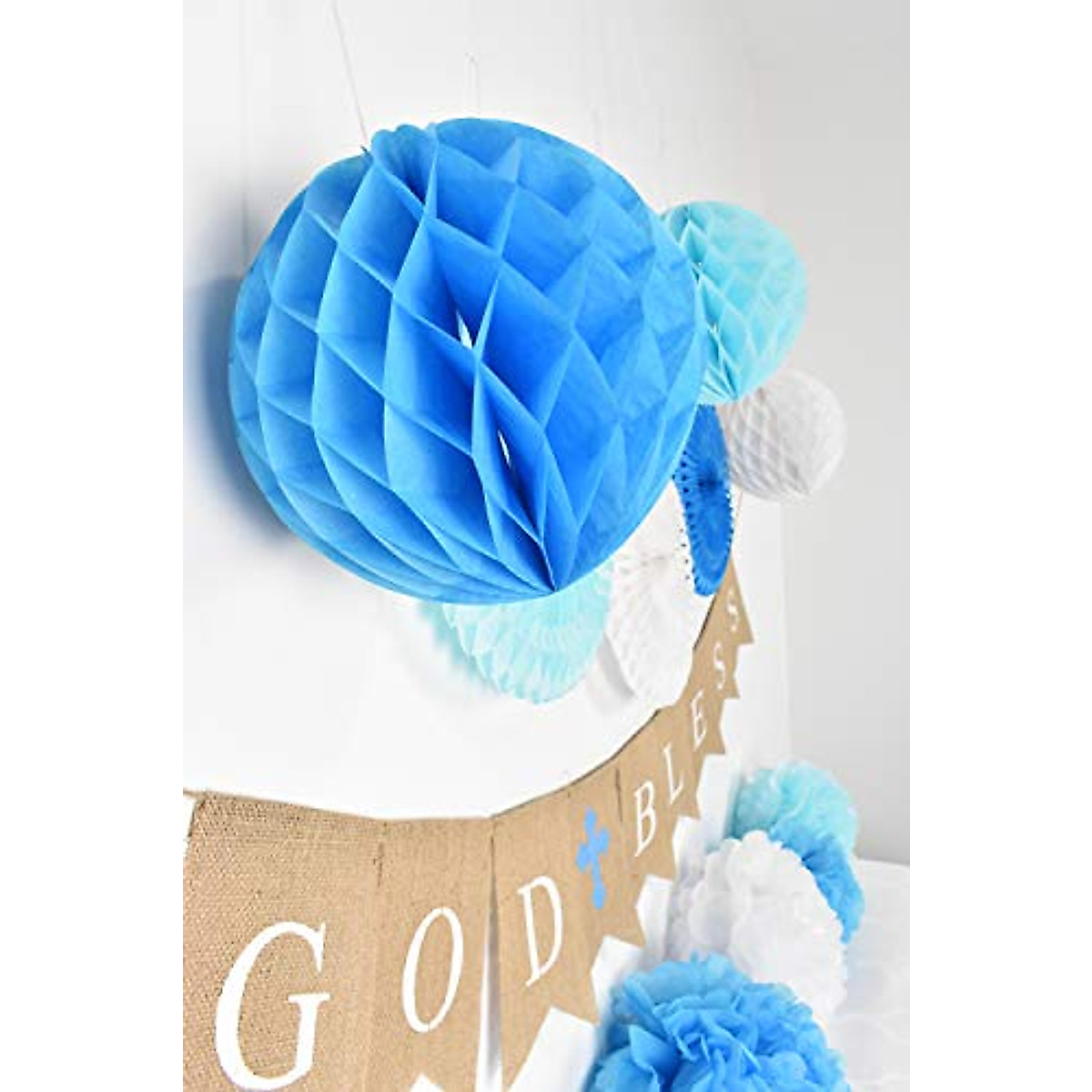 Baptism Decorations for Boy - First Communion Decor - God Bless High Quality Burlap Banner With Blue Cross, Honeycomb, Paper fan, Paper Tassel, Pompoms - Bautizo Decorations By Antsik'Aby