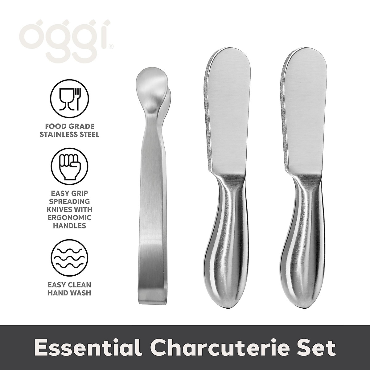 Oggi Charcuterie Utensil Set, Charcuterie Accessories, Cheese Knives Set - Stainless Steel, 3pcs with Knives/Spreaders & Tongs, 5" Long