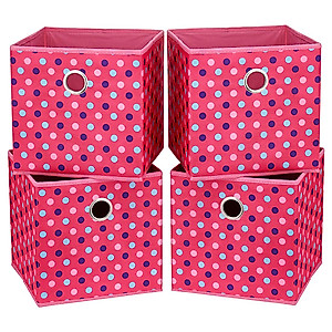 i BKGOO Foldable Storage Cube Drawer Bins Set of 4 Collapsible Fabric Storage Boxes with Round Metal Grommets for Organizing Shelf Nursery Home Closet Dots Pink 10x10x10 inch