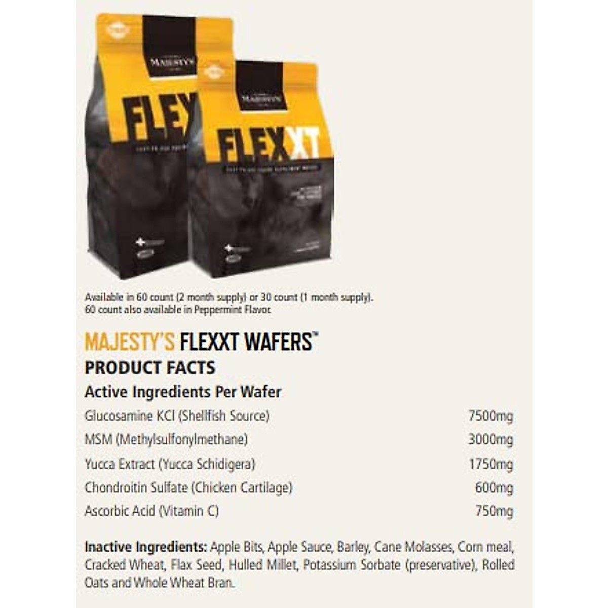 Majesty's Flex XT Wafers - Superior Horse / Equine Joint Support With Increased Supplement Levels - Glucosamine, MSM, Yucca, Vitamin C - 30 Count (1 Month Supply)