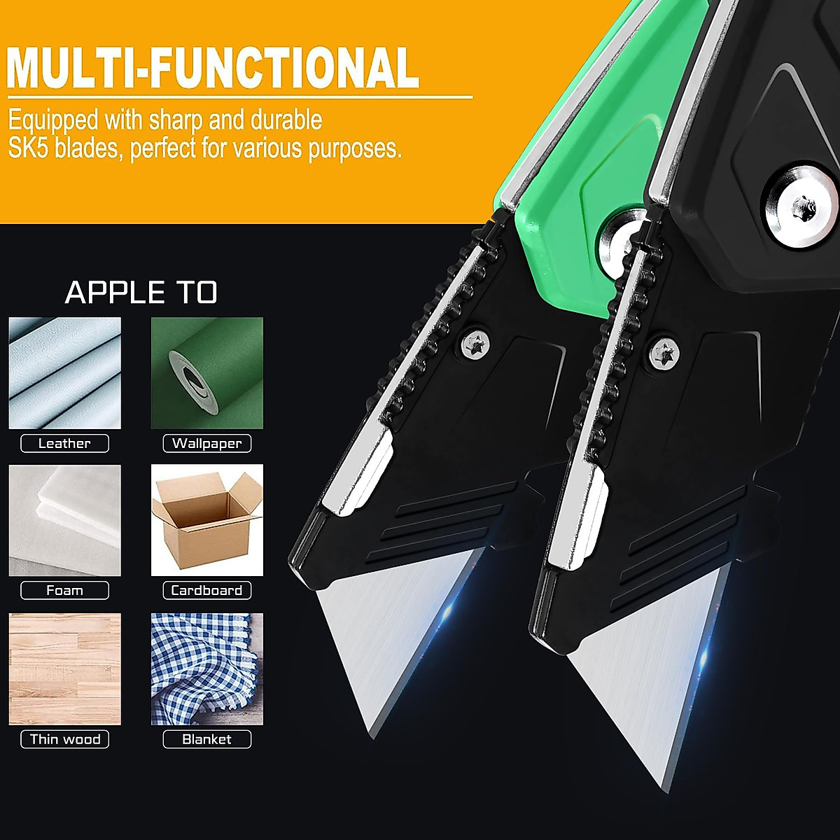 KATA 4-PACK Folding Utility Knife, Heavy Duty Box Cutter with 20pcs SK5 Quick Change Blades, Safety Lock Back Design, Used for Cutting Cartons, Cardboards and Boxes