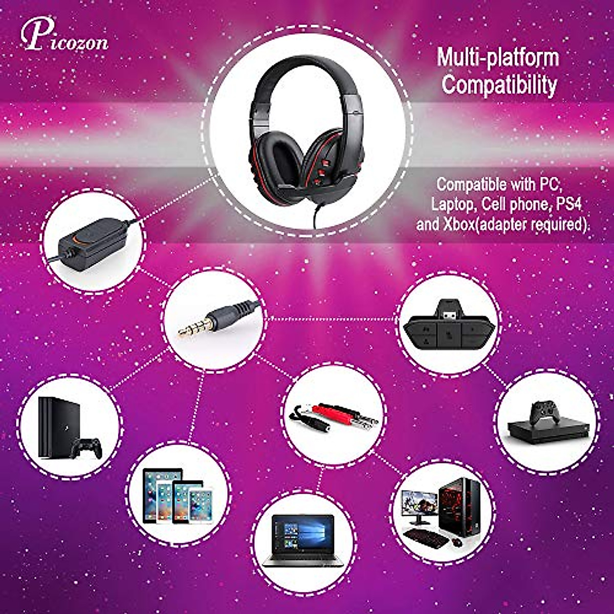 Picozon Gaming Headset Headphone with Microphone for PS5, PS4, Nintendo Switch, Playstation 4, Playstation 5, Playstation Vita, Mac, Laptop, Tablet, Computer, Mobile Phones (3.5mm Plug)