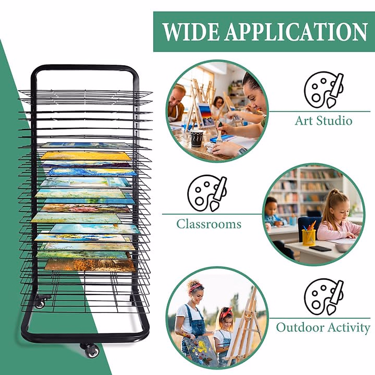 Hoqqf Art Drying Rack for Classroom and Art Studios, 25 Removable Shelves 11.8" D x 16.9" W x 30.7" H Portable Painting Drying Rack with Wheels Stackable Rack for Painting Wall Mount Art Rack