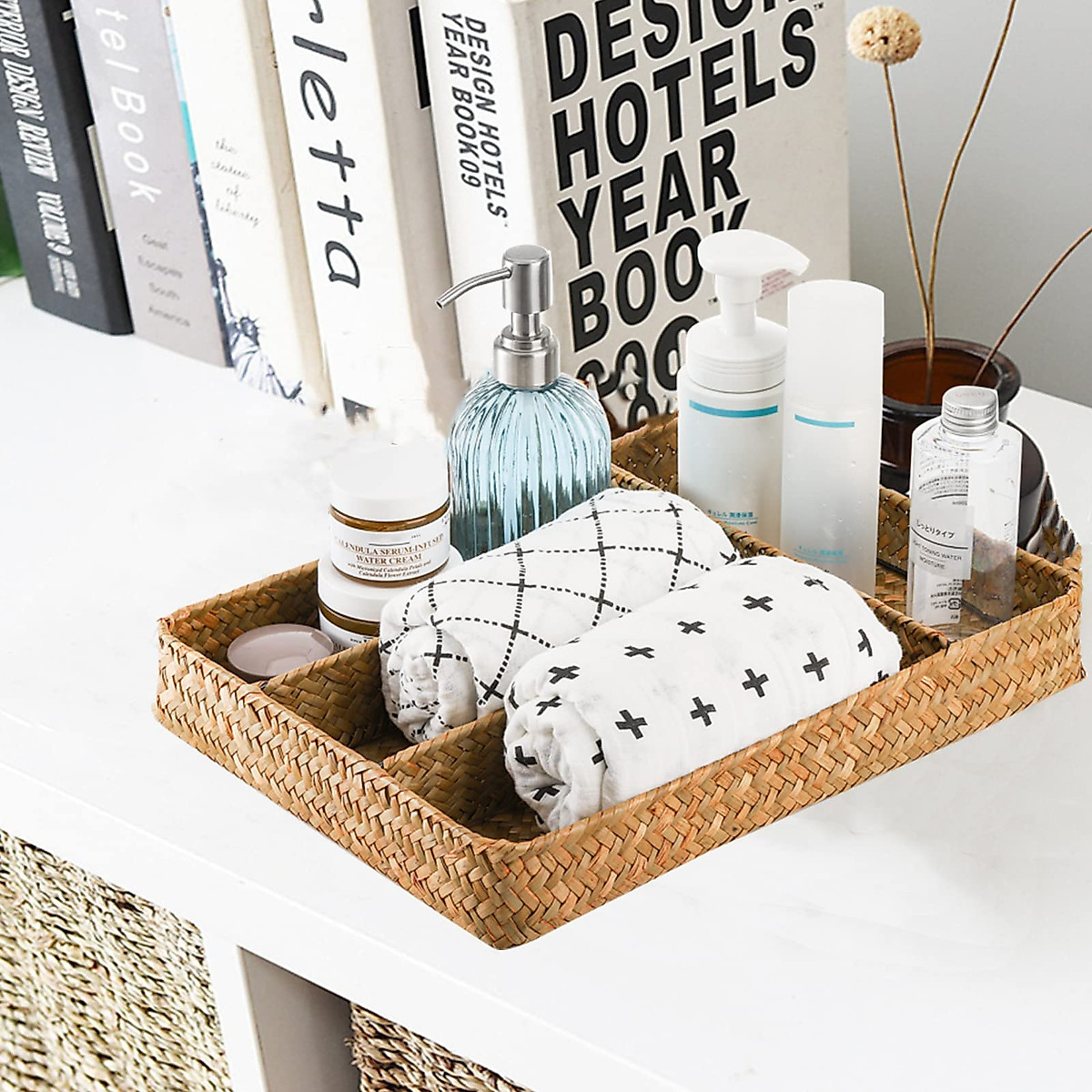 Lyellfe 2 Pack Tea Bag Organizer, 4 Divided Sugar Packet Holder, Handmade Seagrass Wicker Storage Basket for Organizer, Silverware Drawer for Paper, Cutlery, Coffee Pods, Snack