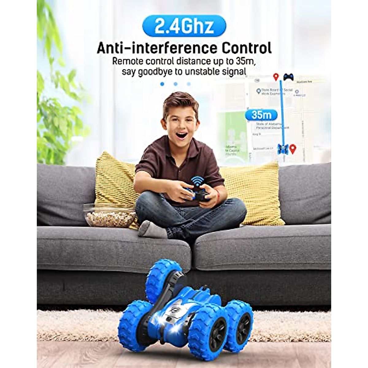 Toys for 5-12 Year Old Boys, 2 in-1 Rc Stunt Car for Kids and 2.4Ghz 4WD 360° Rotating with Headlights, Cool Remote Control Car Present Christmas Birthday Gifts for Kids Aged 4+