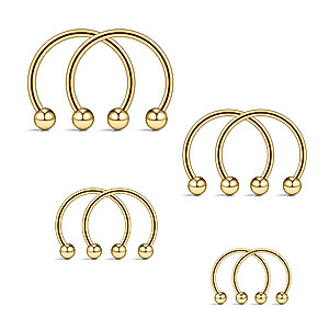Ruifan 4prs(8pcs) 16G 316L Surgical Steel Gold Plated Mix Size CBR Non-Piercing Fake Nose Septum Horseshoe Earring Eyebrow Tongue Lip Piercing Ring 6mm,8mm,10mm,12mm