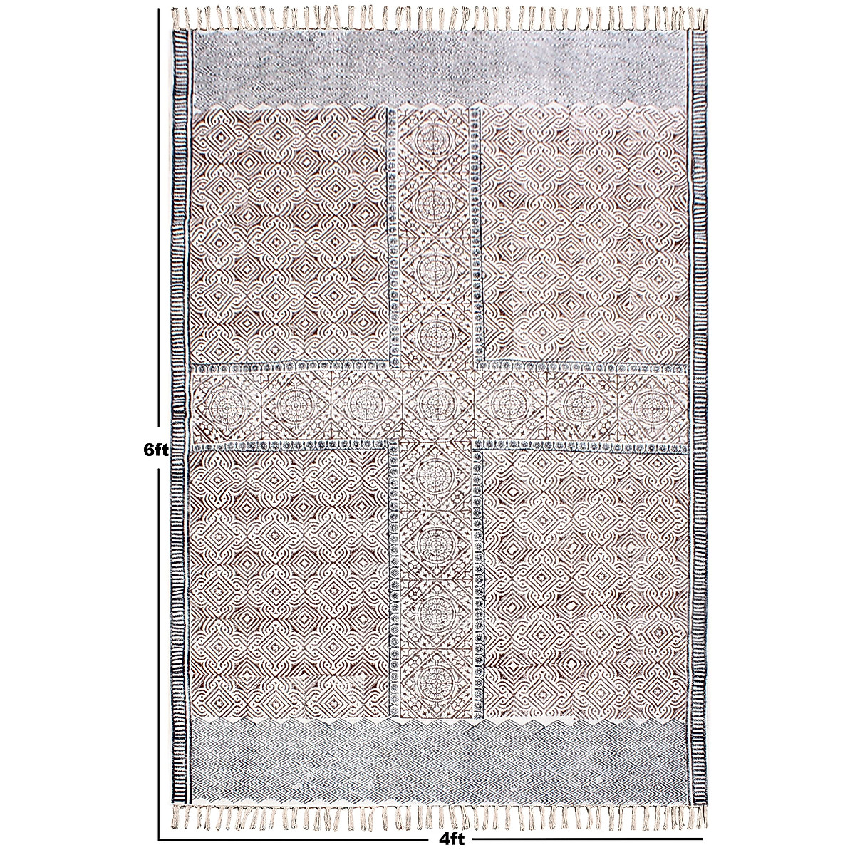 Casavani Hand Block Printed Hand Made Brown, Black Geometric Tassel Rug Cotton Easy Washable Rugs Floor Carpet for Doormat Entryway Living Room Bedroom Hallway Balcony 6x12 Feet Runner