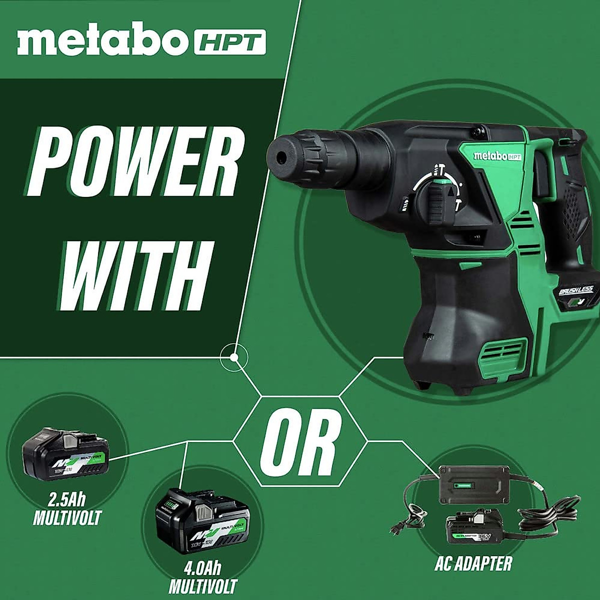 Metabo HPT 36V MultiVolt™ Cordless Rotary Hammer Drill (Tool Only - No Battery) | SDS Plus | 1-1/8-Inch | Reactive Force Control | 3 Modes | Optional AC Adapter | DH36DPAQ4