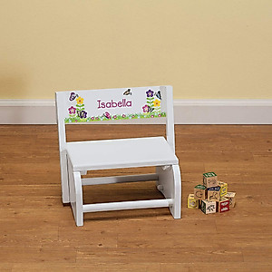 Fox Valley Traders Personalized Children's 2-in-1 Step Stool and Chair, White Wood, Butterfly & Flower Design with Custom Name