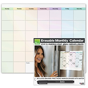 M.C. Squares Reusable Monthly Calendar Whiteboard. Schedule clings to Stainless Steel & Glass (Any Shiny Surface) Included Smudge-Free Wet-Erase Tackie Marker, Made in The USA