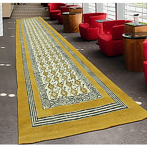 CASAVANI Collection Rectangular Rug - 5x7 Ft Musterd Yellow Cotton Dhurrie Floral Kilim Rug Indoor Outdoor Use Carpet Flatweave Rug High Traffic Area in Bedroom Dining Room Living Room