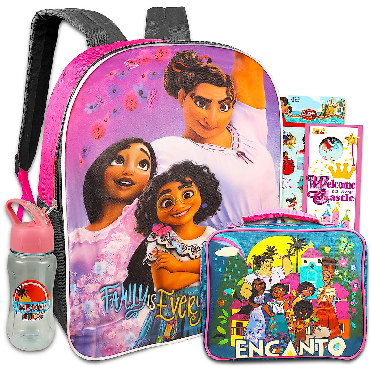 Disney Encanto Backpack with Lunch Box for Girls - Bundle with 16” Encanto Backpack, Encanto Lunch Bag, Water Pouch, Stickers, More (Encanto School Backpack)