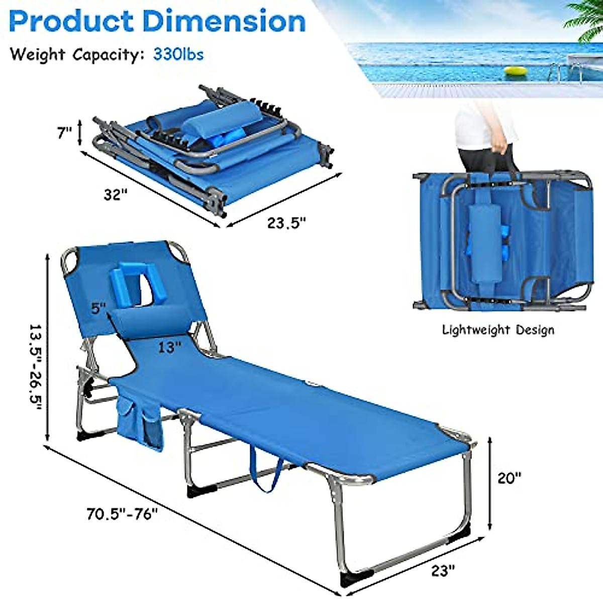 BANGTANE Tanning Chair, Lounge Chair for Outside, Portable Folding Beach Lounger w/ 5 Backrest Positions, Face Hole & Removable Pillow, 331LBS, Ideal for Poolside, Beach, Garden (Blue)