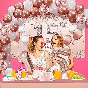 Trgowaul 15th Birthday Decorations Balloon Set Women's Arch, Rose Gold 15th Birthday Banner and Party Tablecloth, Belt and Tiara, Pink Gold 15th Balloon, Pink Birthday Cake Top, Latex Balloon * 60