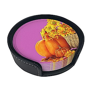 Pumpkins Sunflowers Printed Coasters for Drinks Set of 6 Leather Coasters Spill Protection Cup Mat for Drinks for Home Office Coffee Bar Table