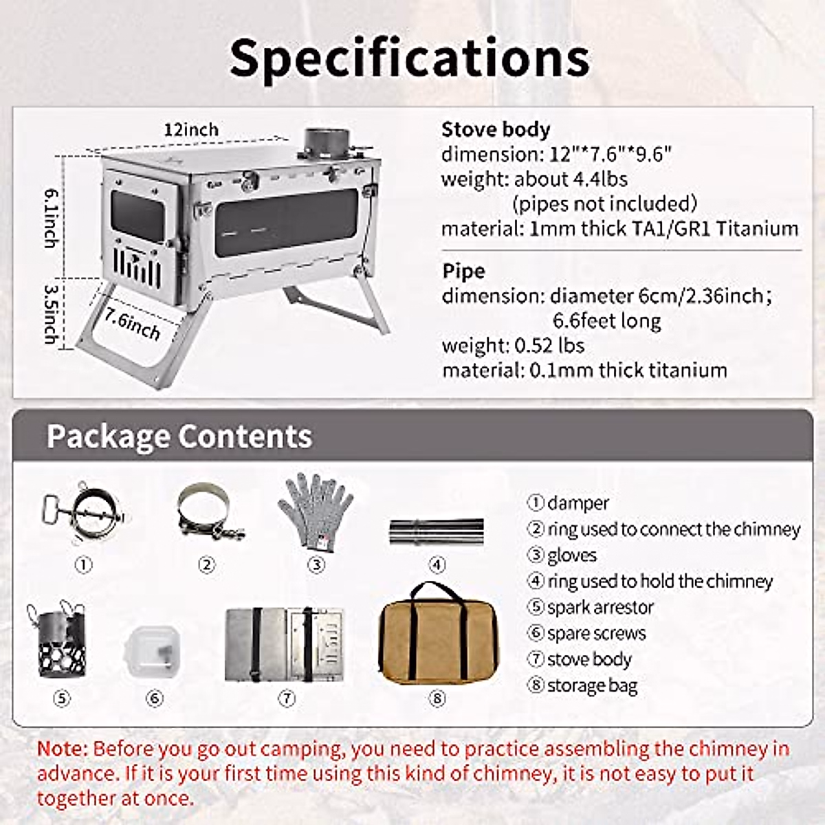 MC TOMOUNT Titanium Folding Tent Stove Wood Burning Stove Ultralight 1mm Thick Plate for Backpacking Camping Hunting Pipe Included