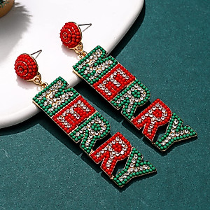 ANGLESJELL Christmas Earrings for Women Holiday Rhinestone Reindeer Dangle Earrings Xmas Jingle Bells Beaded Earrings Christmas Festive Party Jewelry Gifts (Merry)