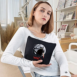 LEVLO Murderous Cat With Knife Cosmetic Make Up Bag Sneaky Cat Inspired Gifts Cat What Makeup Zipper Pouch Bag(Black Cat What)