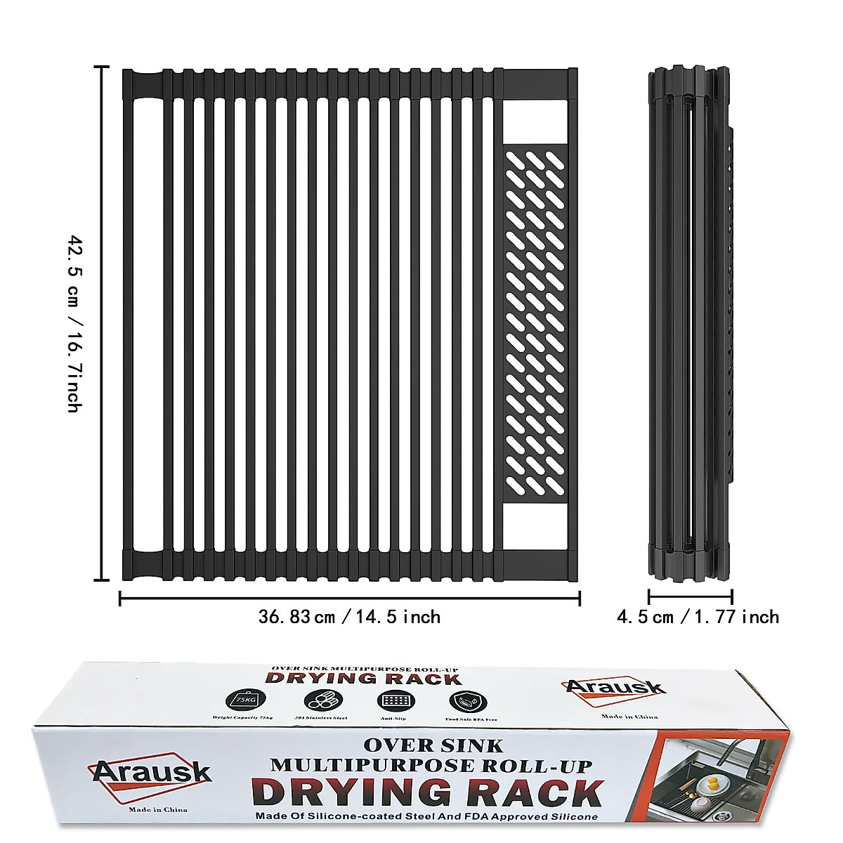 Arausk 16.7" x 14.5" Roll up Dish Drying Rack Silicone Coated Portable Dish Rack Dish Drainer Foldable Stainless Steel Over Sink Kitchen Drainer Rack for Cups Vegetables (XL)