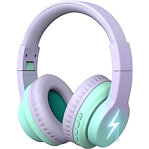 Kids Bluetooth Headphones, Colorful Wireless Over Ear Headset with LED Lights, Built-in Mic, 45H Playtime, 85dB/94dB Volume Limited Headphones for Boys Girls iPad Tablet School Airplane Green Purple