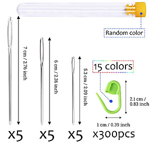 LUNARM 315 Pieces Stitch Locking Clip, Colorful Knitting Markers Crochet Clips with 15 Pieces Big Eyes Blunt Sewing Needles (2inch/2.3inch/2.7inch)
