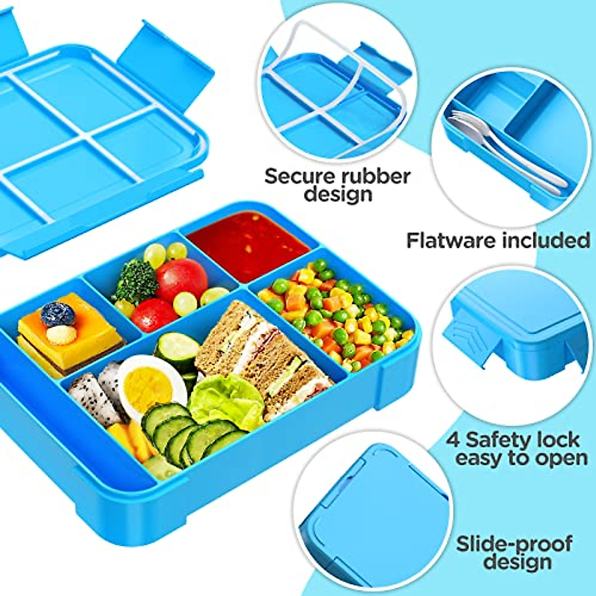 JSCARES Bento Box Adult Lunch Box, Bento Box Lunch Box Snack Containers for Kid/Adult/Toddler, 6 Compartment Bento Lunch Box for Kids, BPA Free Microwave & Dishwasher & Freezer Safe(Blue)