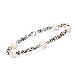 Ross-Simons 7mm Cultured Pearl Byzantine Station Bracelet in Sterling Silver. 7 inches