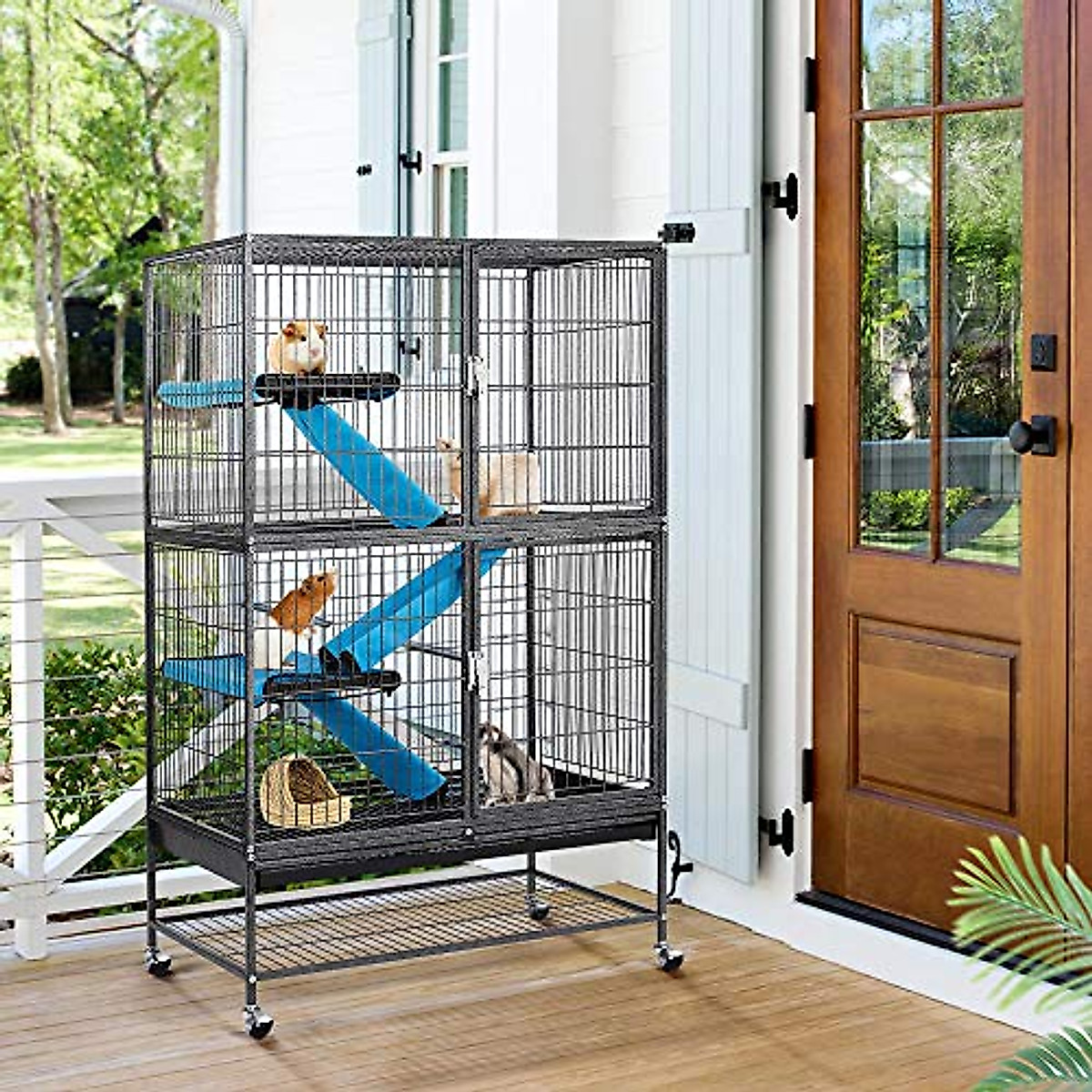 Topeakmart Small Animals Cages Ferret/Guinea Pigs/Chinchilla/Rabbit Cages 2-Story Rolling Metal Critter Nation w/ 2 Removable Ramps &Litter Box, Hammock,Black