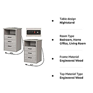 Tiptiper Nightstand Set of 2 with Charging Station,Grey Night Stands for Bedroom,Bedside Table with Drawers & USB Ports, 13.8D x 15.8W x 23.6H in