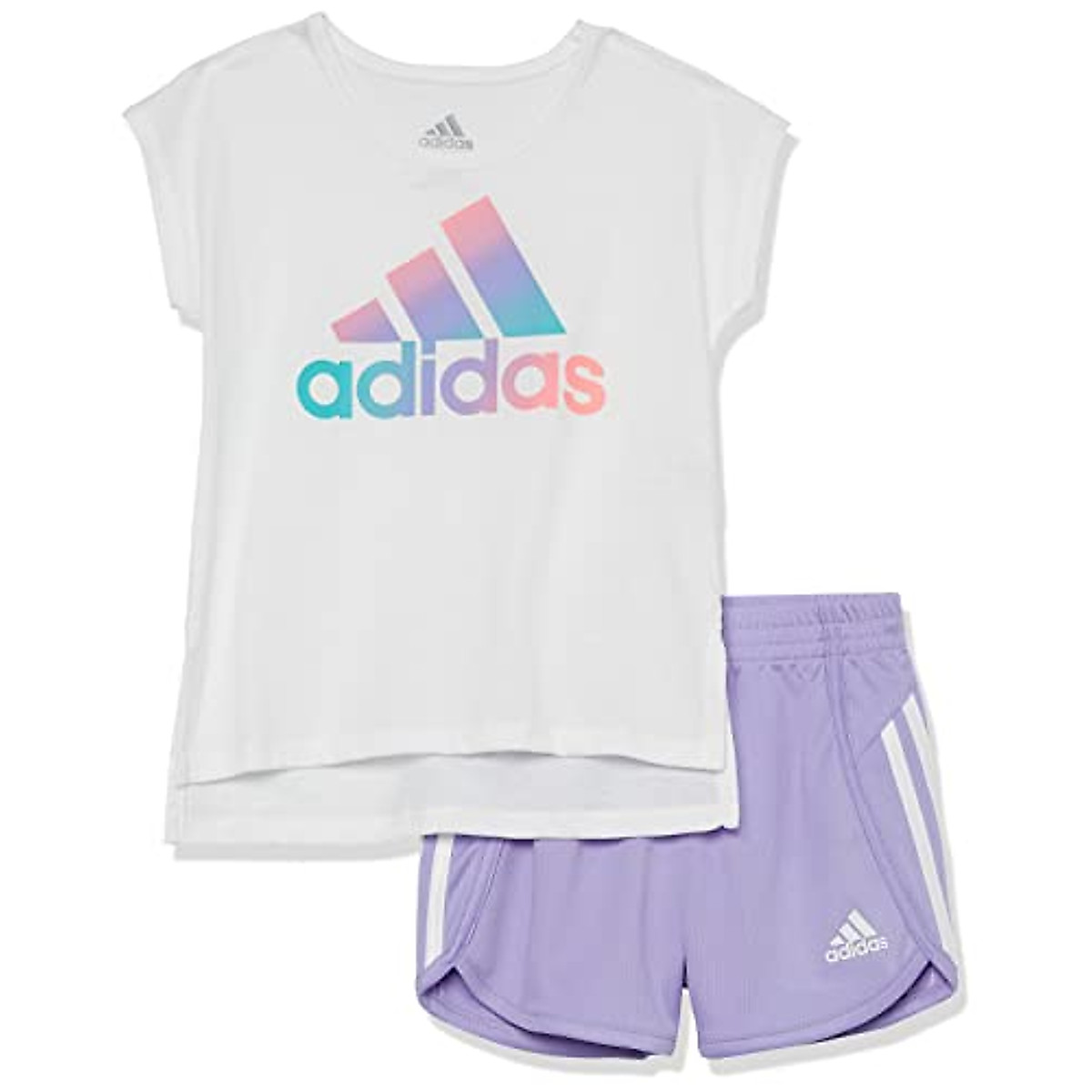 adidas Girls 2 Piece Graphic Tee & Mesh Short Set, White With Purple, 2T