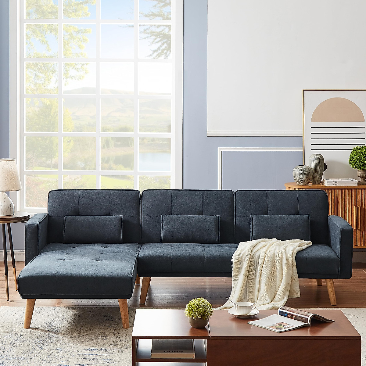 Eafurn L-Shaped Convertible Sectional Sofa with Chaise Lounge and Adjustable Spilt Backrest,3 Seater Soft Velvet Sleeper Couch Bed with Wooden Legs,Tufted Corner Sofa & Couch with Throw Pillows