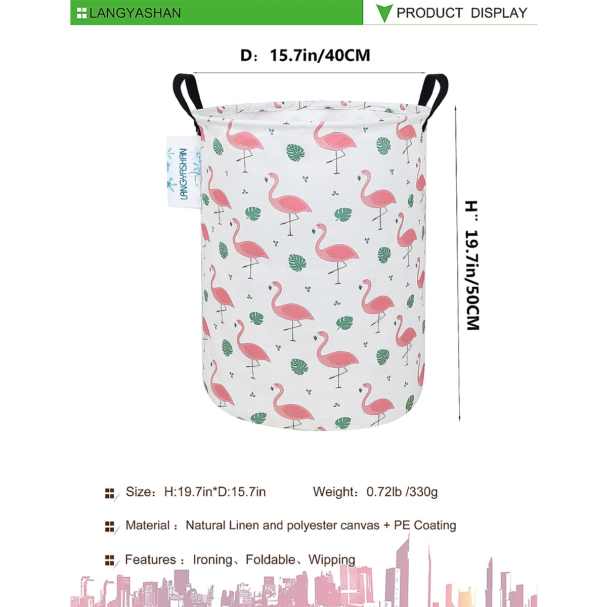 LANGYASHAN Laundry Basket Canvas Fabric Collapsible Organizer Basket for Storage Bin Toy Bins Gift Baskets Bedroom Clothes Children Nursery Hamper (Round Flamingo)