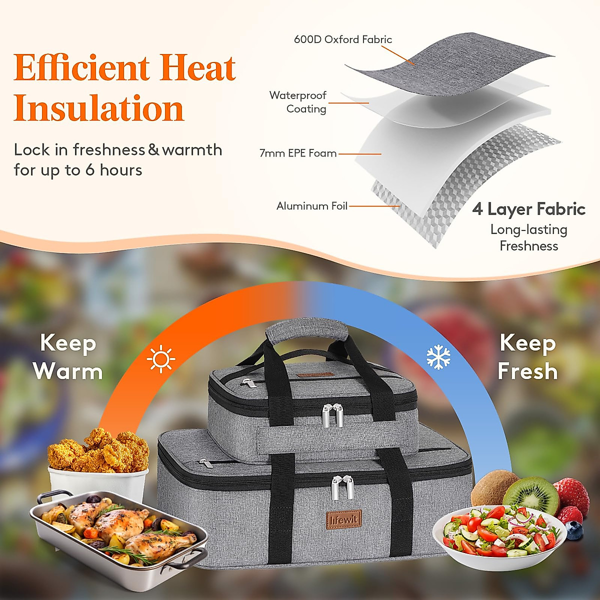 Lifewit Duo Insulated Casserole Carrier for Hot or Cold Food, Lasagna Holder 2 Compartments, Thermal Lunch Tote for Potluck Parties Cookouts, Fits 9"x13" Casserole Dish, Gray