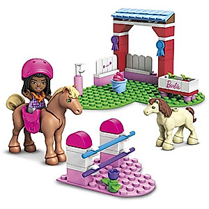 Mega Barbie Pets Horse Toy Building Set with Micro-Doll and Accessories, 1 Horse and 1 Pony, Easy-to-Build Horse Jumping Playset