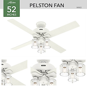 Hunter Pelston Indoor Ceiling Fan with LED Light and Pull Chain, 52", Matte White