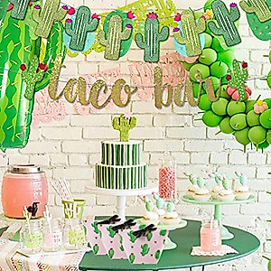 2 Set Fiesta Taco Bar Cactus Banner Garland, Gold Green Glittery Fiesta Banner for Mexican Fiesta Party Cinco De Mayo Decorations