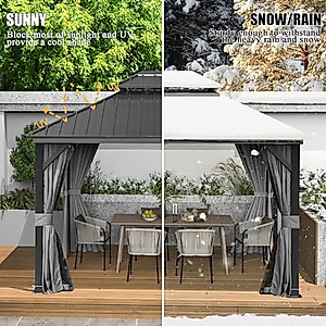 Domi 10’ X 12’ Hardtop Gazebo Canopy with Netting & Curtains, Outdoor Aluminum Gazebo with Galvanized Steel Double Roof for Patio Lawn and Garden, Gray