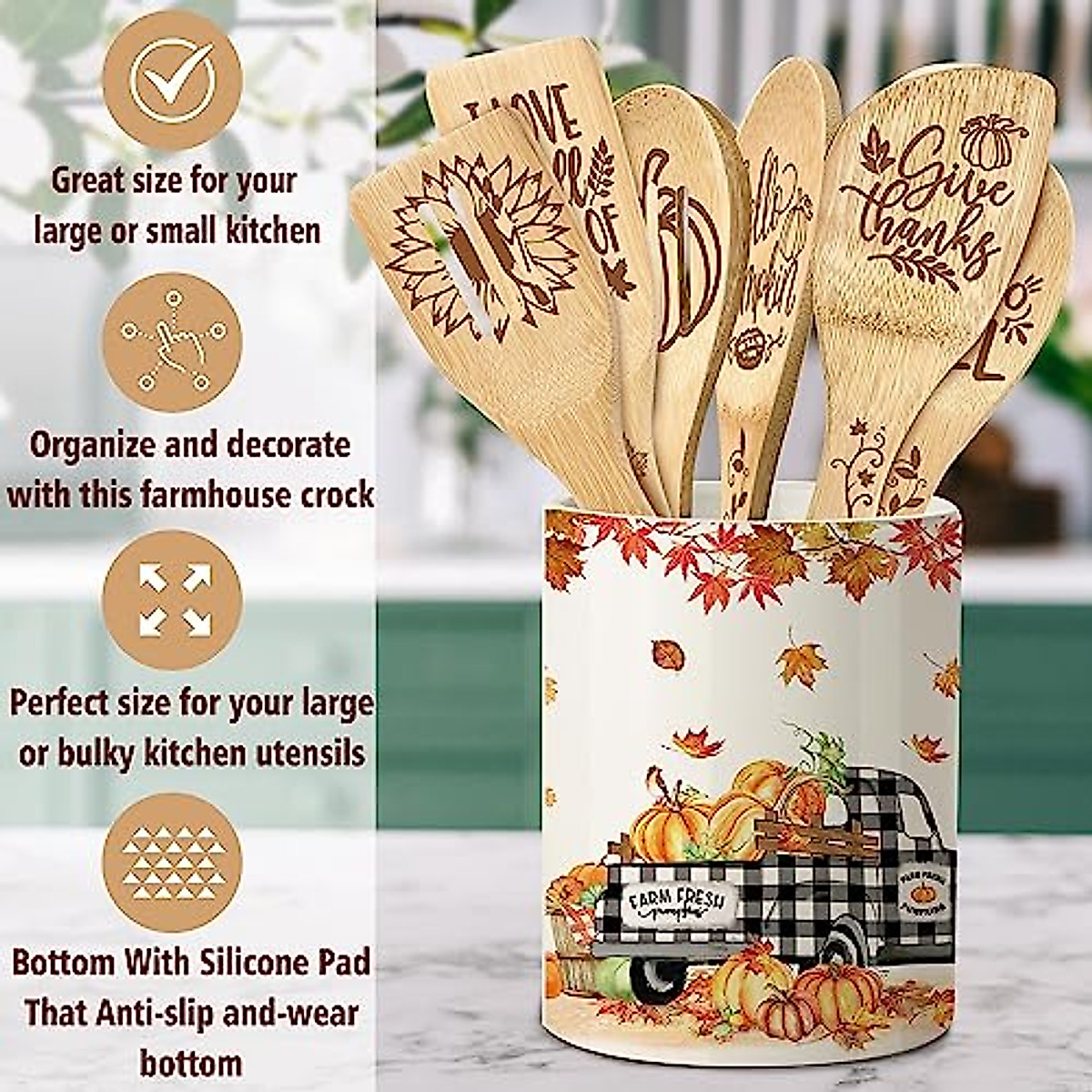pinata Fall Kitchen Decor, Kitchen Utensil Holder for Countertop, Truck Pumpkin Kitchen Cooking Utensils Set with Holder, Kitchen Utensil Organizer with Bamboo Utensils(5.12" x 5.12" x 6.3")