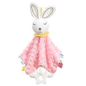 Zooawa Loveys for Babies, Security Blanket Soft Stuffed Animal Bunny Lovey Unisex Lovie Baby Stuff Snuggle Blanket with Tags Teether Bells, Soothing Plush Toys Baby Gift for Newborn, Pink Rabbit