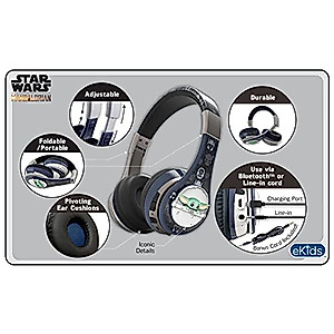 Star Wars The Child Kids Bluetooth Headphones, Wireless Headphones with Microphone Includes Aux Cord, Volume Reduced Kids Foldable Headphones for School, Home, or Travel