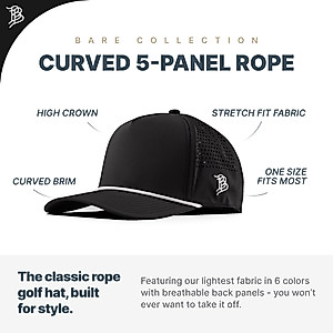 Branded Bills Bare Curved 5 Panel Rope Hat, Black, Fits 7-7 7/8, Flexfit Sweatband, Adjustable Snpaback, Fitted Style | Lightweight, Comfort Stretch, & Quick Dry Baseball Cap
