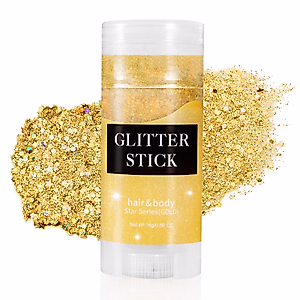 Mysense Gold Body Glitter Stick,Music Festival Concert Outfit Face Glitter Makeup for Women,Festival Rave Pride Accessories,Mermaid Sequins Chunky Glitter Face Paint,Hair Glitter Gel for Kids,0.56oz