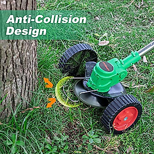 HUDAEN Cordless Grass Trimmer Weed Wacker, 3-in-1 String Trimmer Lawn Edger with 21V 2Ah Li-ion Battery for Garden and Yard with Wheel, Lightweight Adjustable Height Weed Eater Tool (Green)