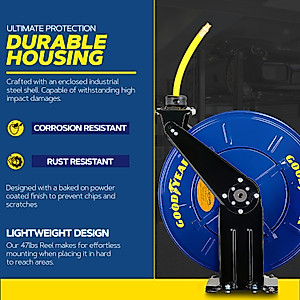 Goodyear Air Hose Reel Retractable 1/2" Inch x 50' Foot Long Premium Commercial Driven Sbr Hose Max 300 Psi Reinforced Steel Construction Heavy Duty Retractable Spring Industrial Dual Arm and Pedestal
