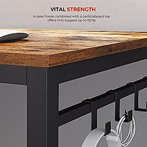 VASAGLE Computer Writing Desk, 47 Inch Office Study Table, Work from Home, with 8 Hooks, Metal Frame, Industrial, 47.2", Rustic Brown