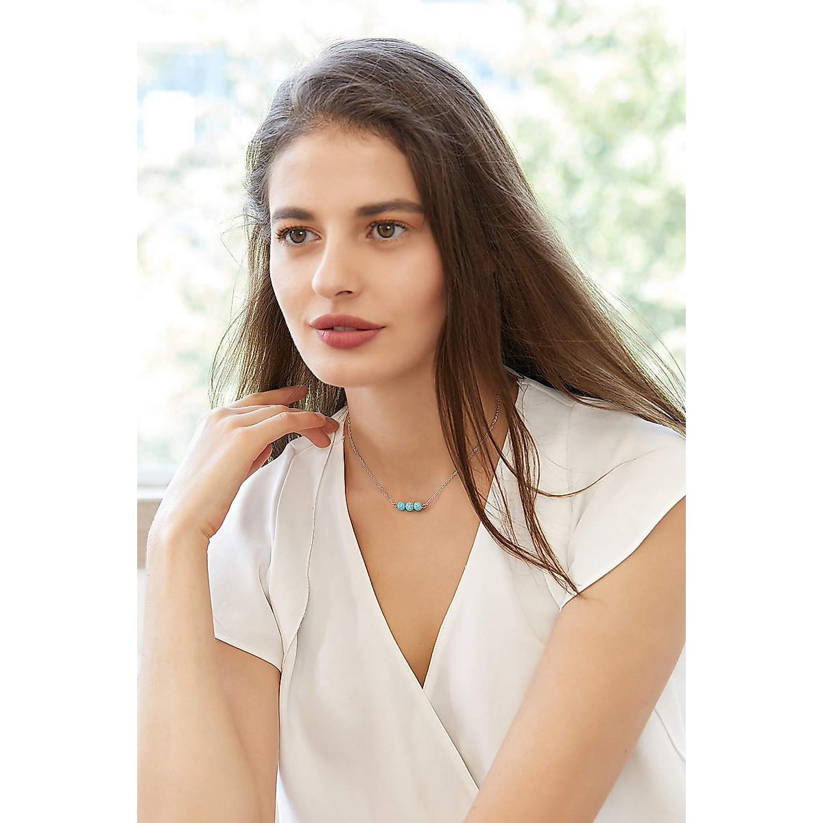 Wunionup Turquoise Bead Choker Jewelry Necklace - Handmade Minimalist Natural Dainty Tiny Simple Cute Genuine Small Round Healing Turquoise Dainty Bar Stone Gemstone Necklace Silver 16 inch for Women