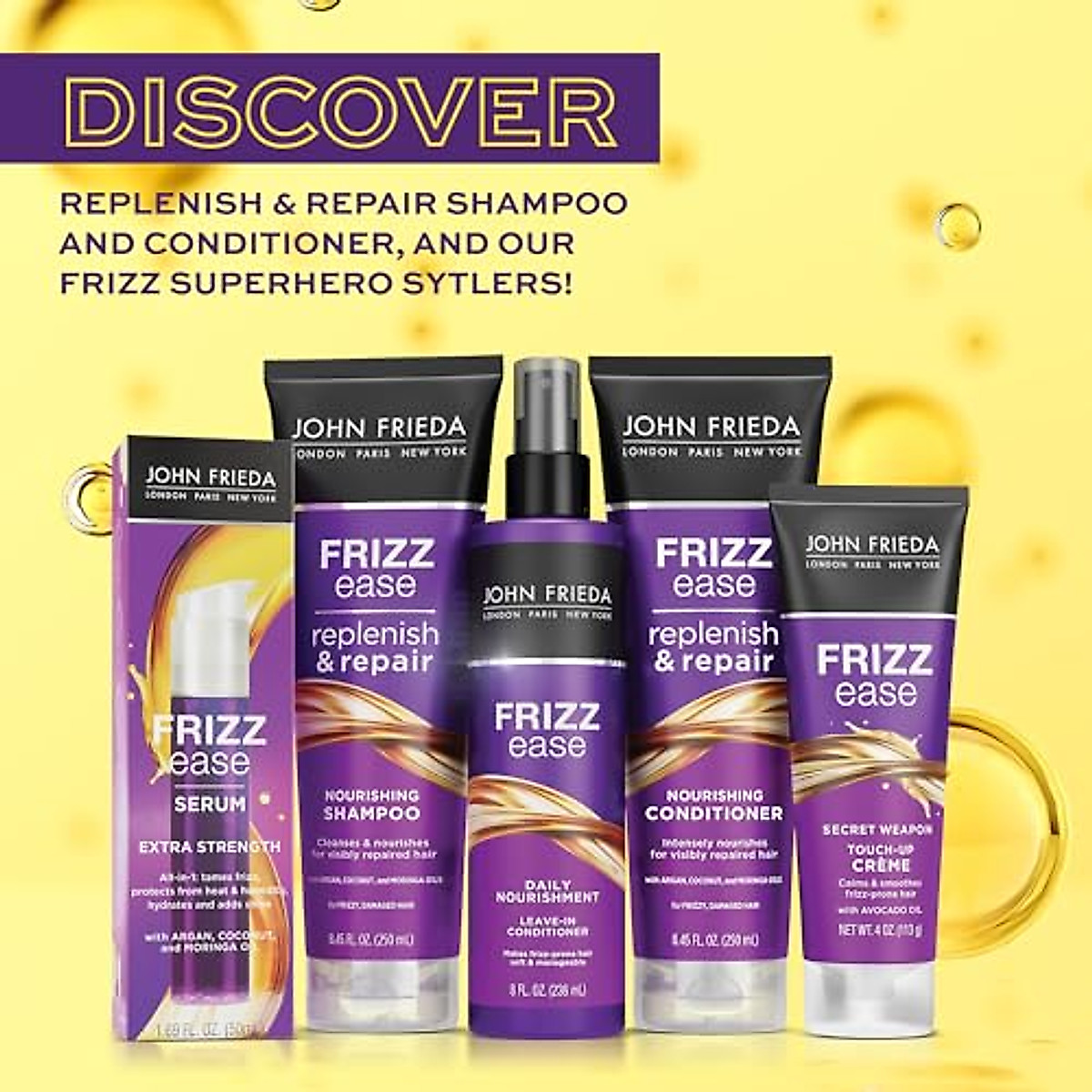 John Frieda Frizz Ease Replenish & Repair Conditioner, Repairs Damage and Dryness for Shiny, Frizz-Protected Styles, Infused with Argan, Moringa, and Coconut Oil for Nourished, Smooth Hair, 8,45 Oz